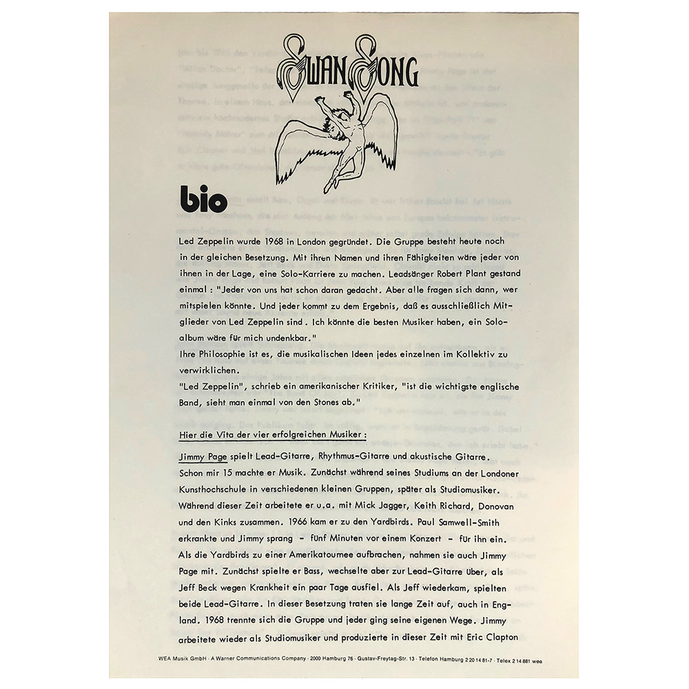 Press Release (1975) Bio (Germany) - Zepfan